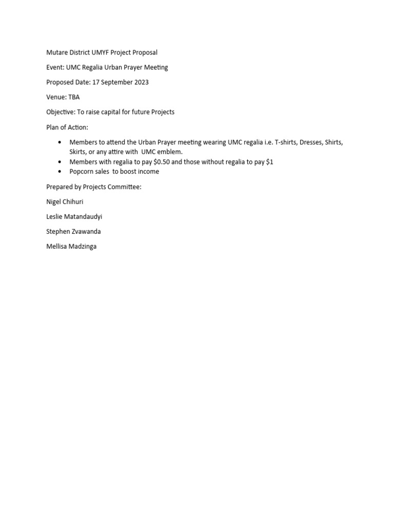 Mutare District UMYF Project Proposal | PDF