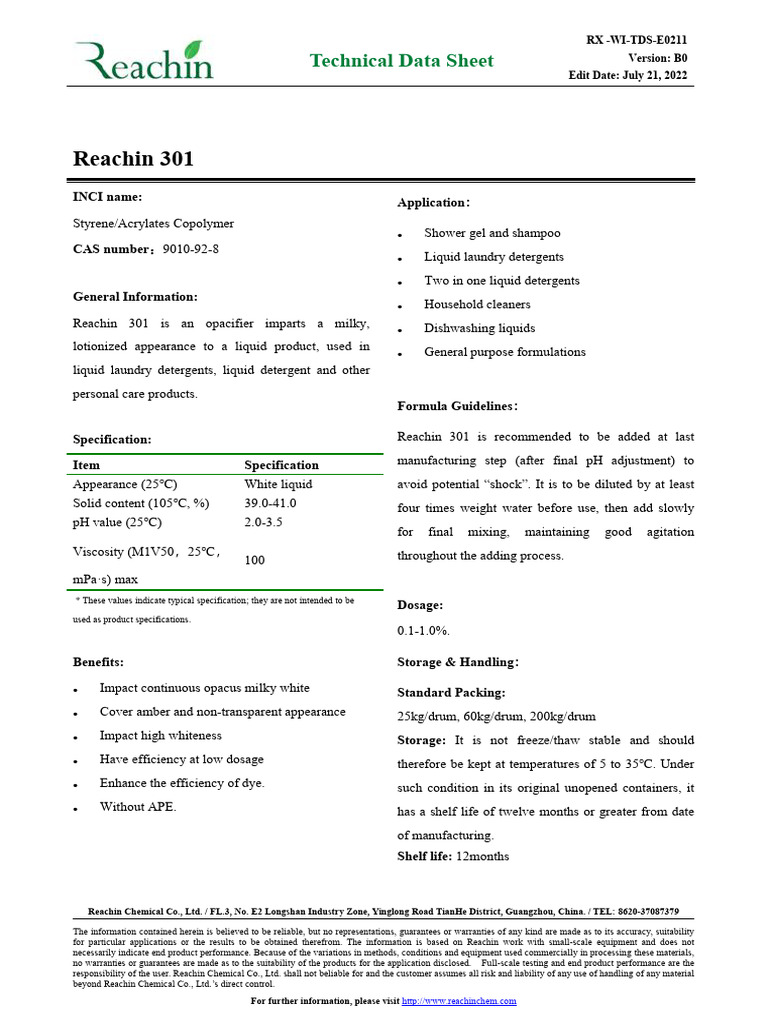 Reachin 301 (TDS) | PDF | Liquids | Detergent