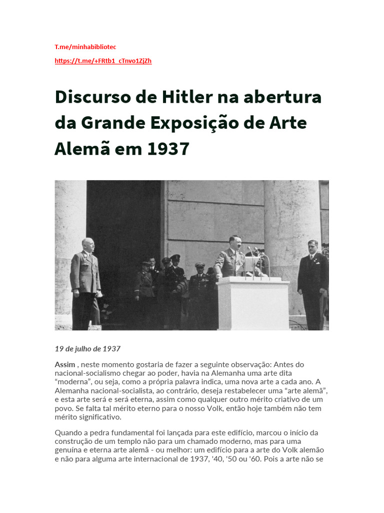 Discurso de Hitler Na Abertura Da Grande Exposição de Arte Alemã | PDF ...
