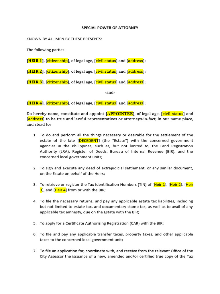 Special Power of Attorney - Estate For Foreign Heirs | PDF | Deed ...
