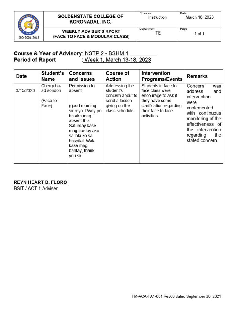 BSHM NSTP 2 Class Monitoring | PDF