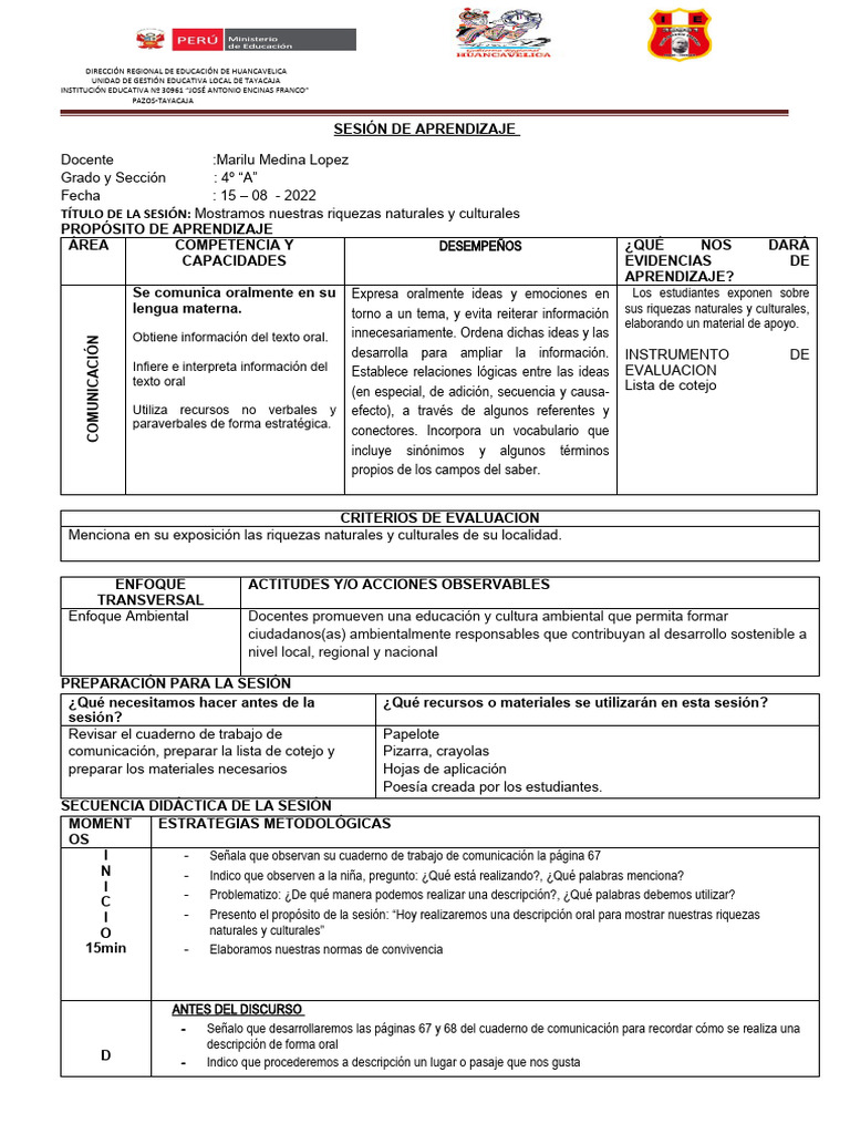 Riquezas Naturales y Culturales en Clase | PDF | Evaluación | Aprendizaje