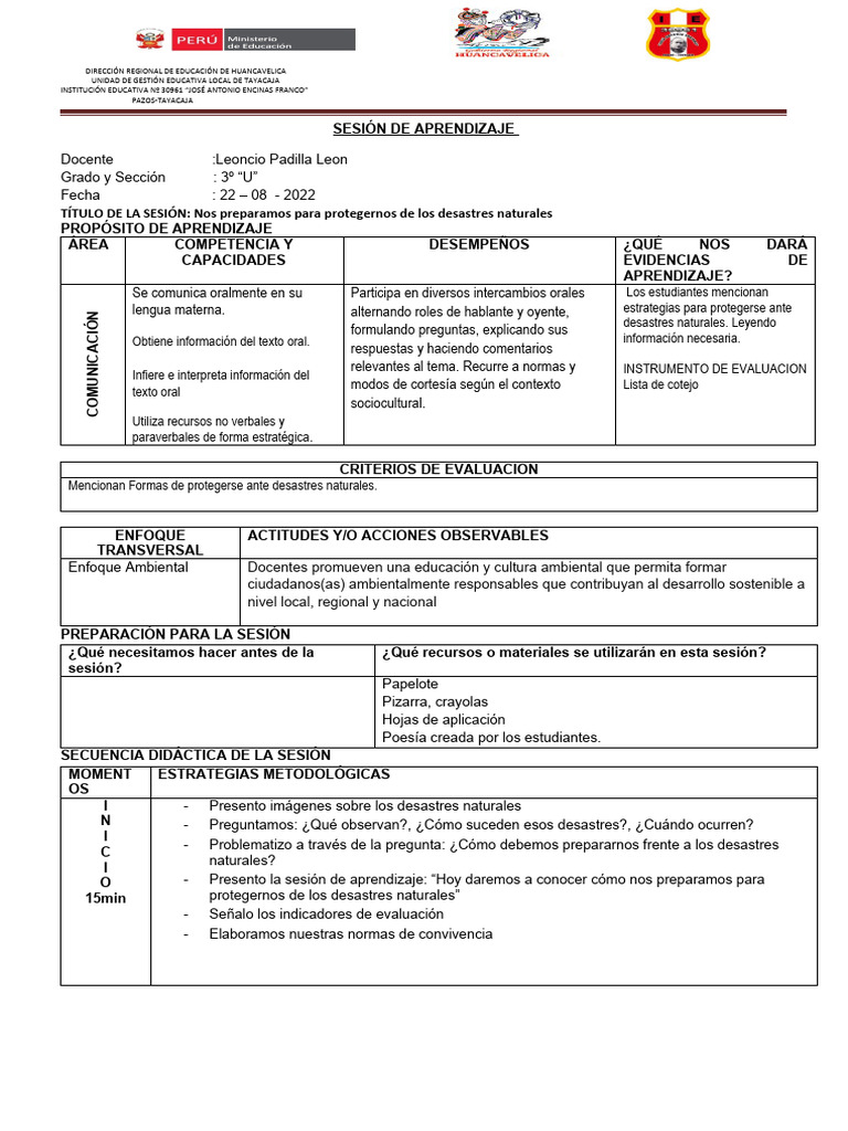 Sesion Nos Preparamos Para Protegernos De Los Desastres Naturales