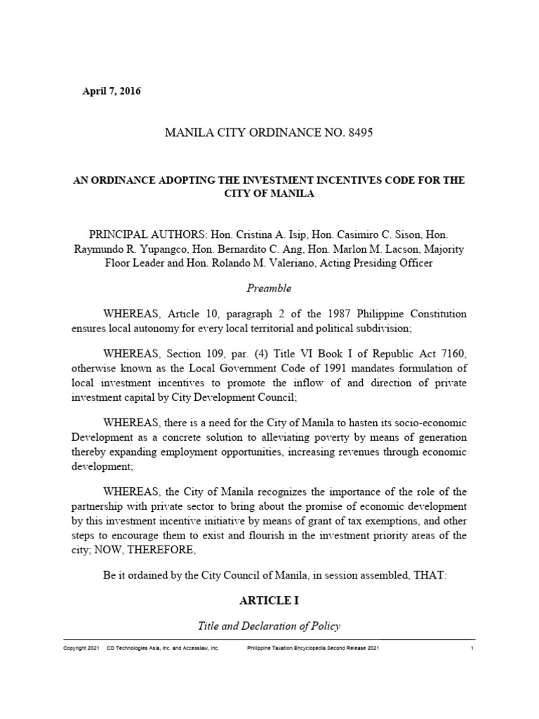 Manila Investment Incentives Code (Ordinance No. 8495) | PDF