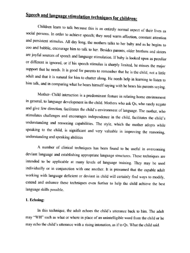 Speech And Language Stimulation Techniques PDF Speech Word