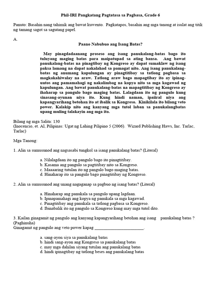 Grade 6 - Phil Iri - Group Screening Test 1 | PDF