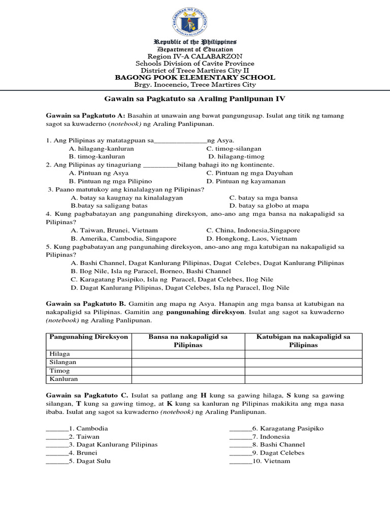 Gawain Sa Pagkatuto Sa Araling Panlipunan Iv | PDF Gawain Sa Pagkatuto Sa Araling Panlipunan Iv | PDF