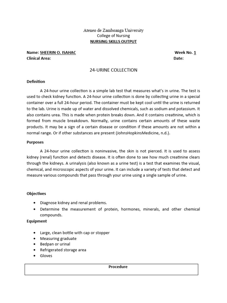 24-Hour Urine Collection Procedure | PDF | Urine | Kidney