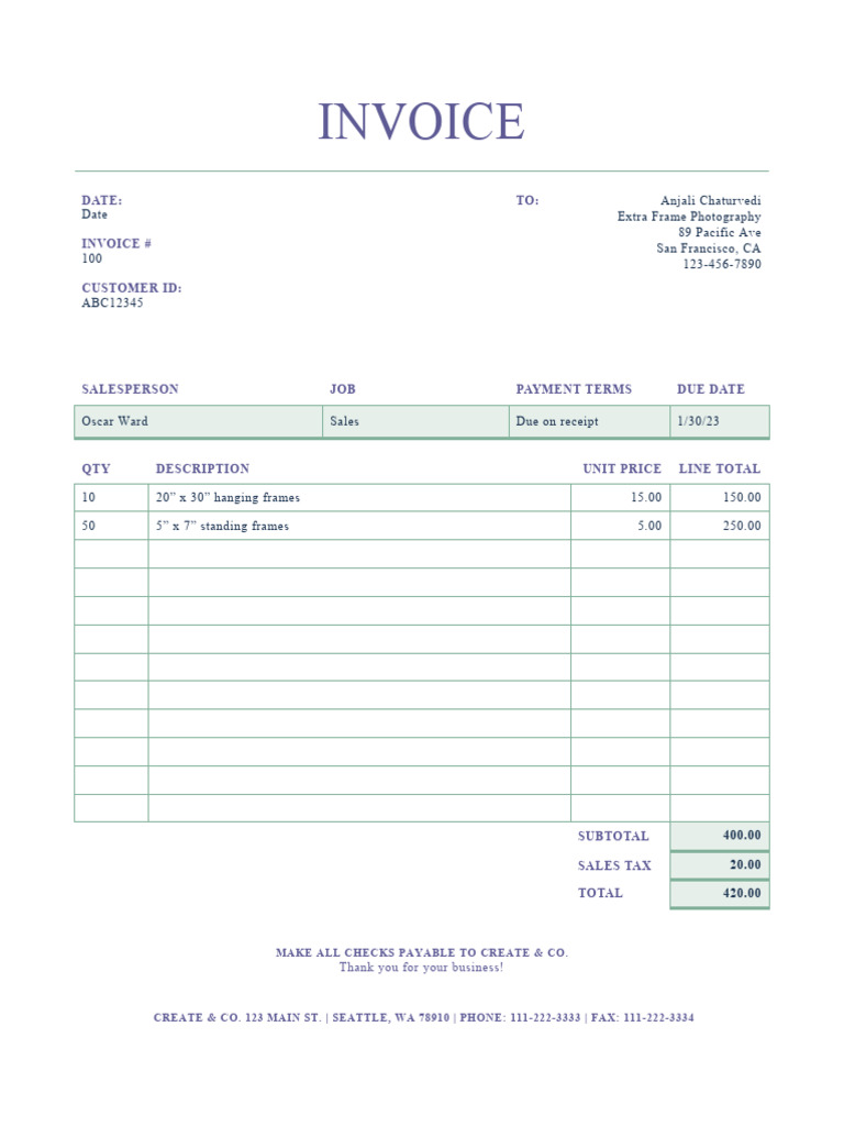 Invoice for Extra Frame Photography | PDF