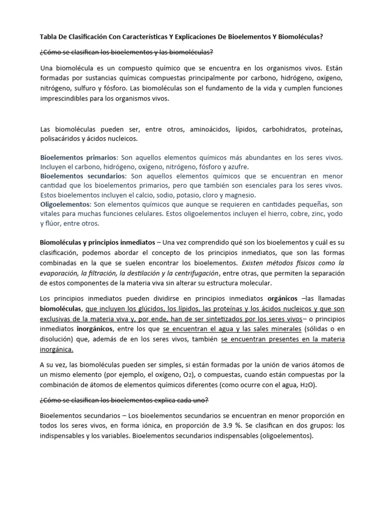 Clasificación de Bioelementos y Biomoléculas | PDF | Biomoléculas ...