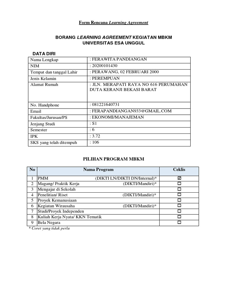 Surat Learning Agrement MBKM Internal | PDF