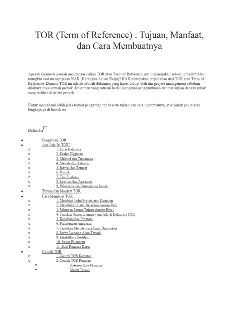 TOR (Term of Reference) : Tujuan, Manfaat, Dan Cara Membuatnya | PDF ...