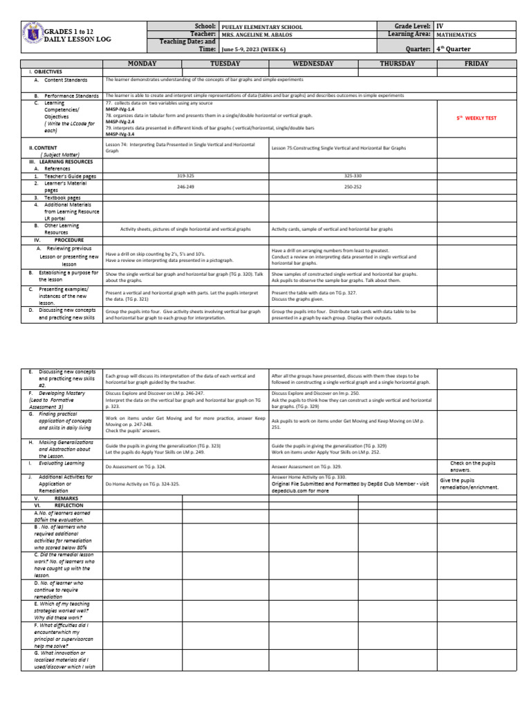 Grade 4 DLL Math 4 q4 Week 6 | PDF | Learning | Teachers
