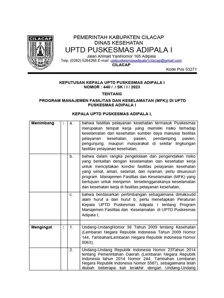 SK Program Manajemen Fasilitas Dan Keselamatan Puskesmas | PDF