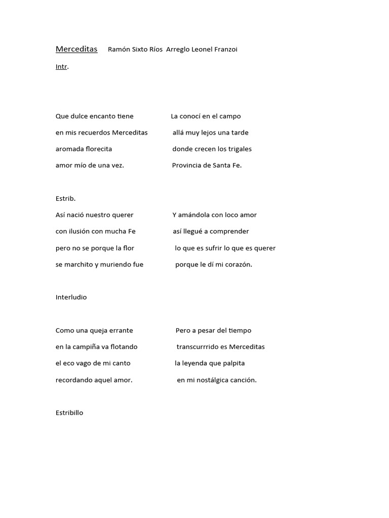Letra de "Merceditas" - Ramón Sixto Ríos | PDF | Arte | Poesía