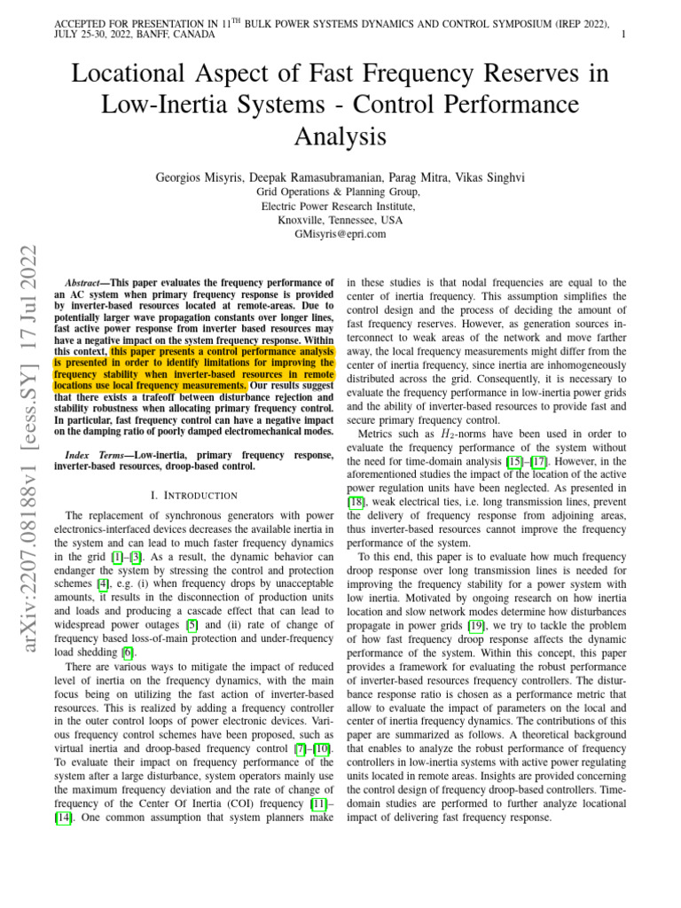 Misyris - Locational Aspect of Fast Frequency Reserves in Low-Inertia ...