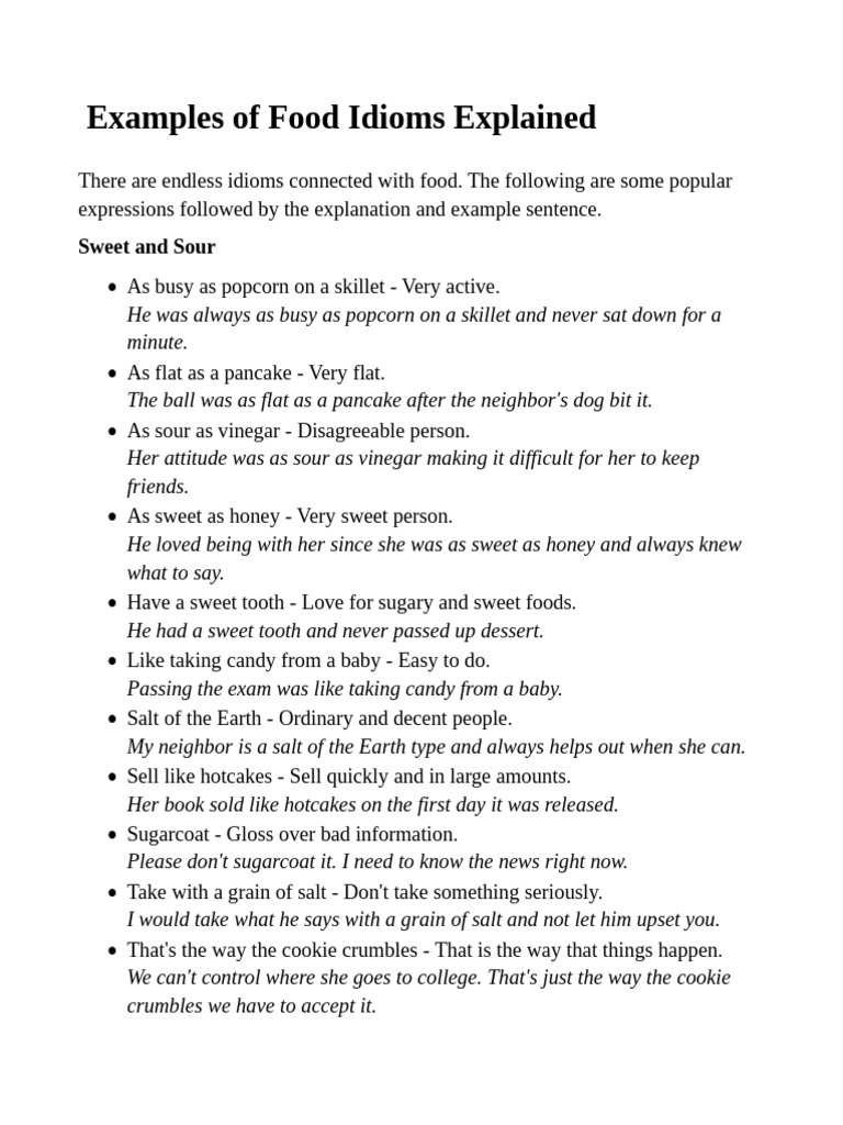 Food Idioms and Their Meanings | PDF | Wellness