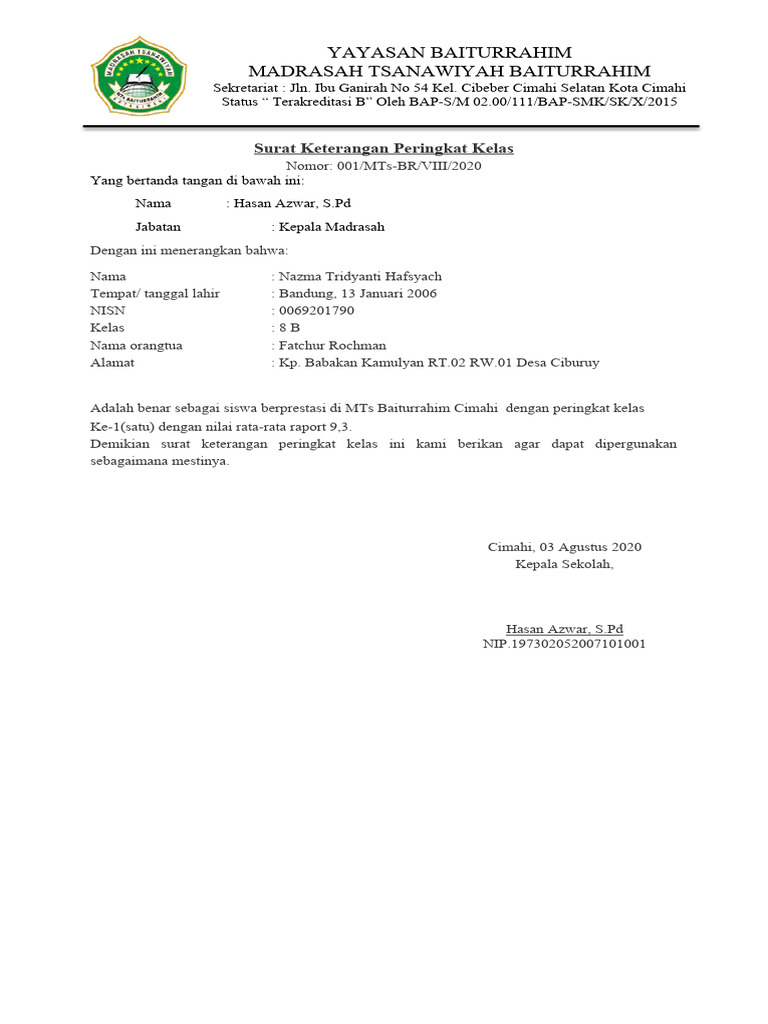 Surat Keterangan Peringkat Kelas | PDF