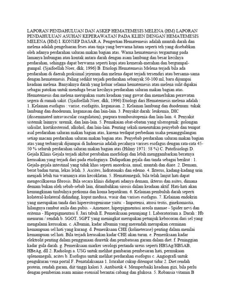 Laporan Pendahuluan Dan Askep Hematemesis Melena | PDF