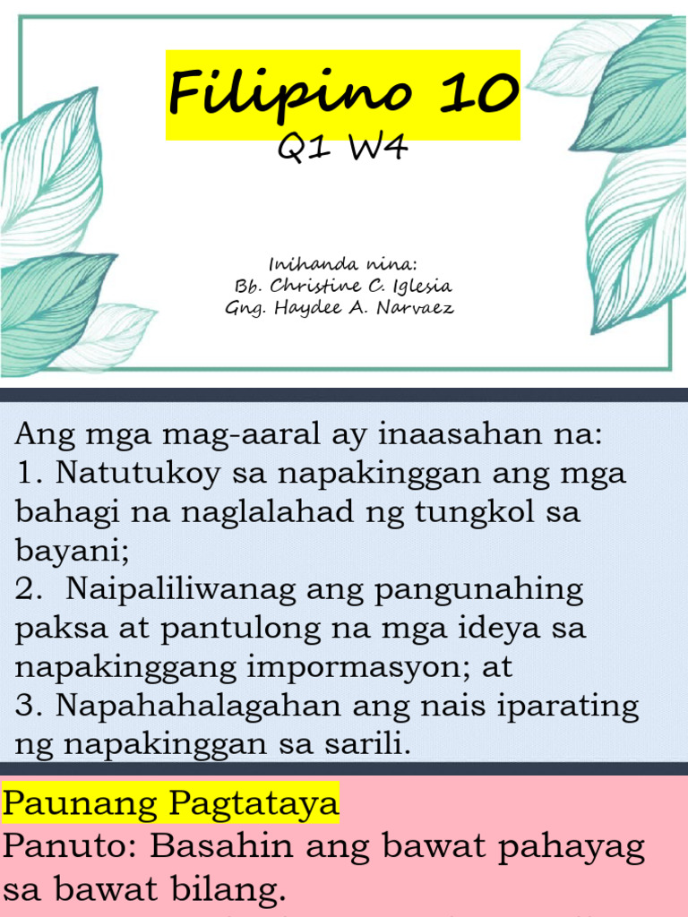 Filipino 10: Inihanda Nina: Bb. Christine C. Iglesia Gng. Haydee A ...