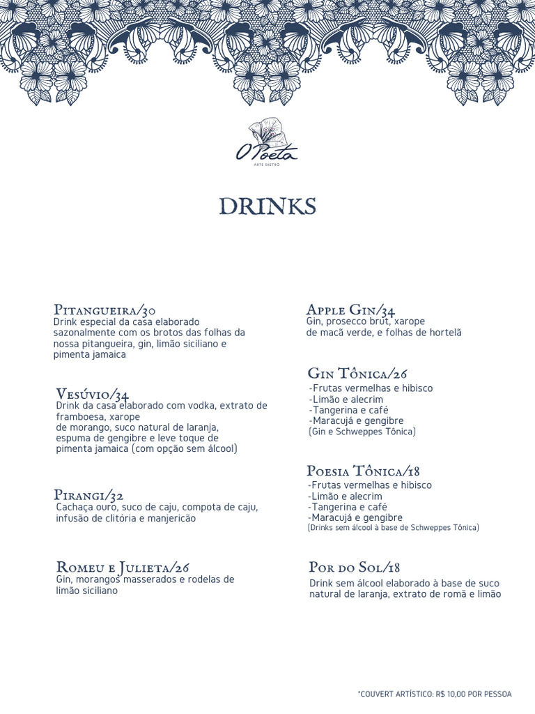 Cardápio do Restaurante O'Poeta | PDF | Gastronomia, comida e vinho