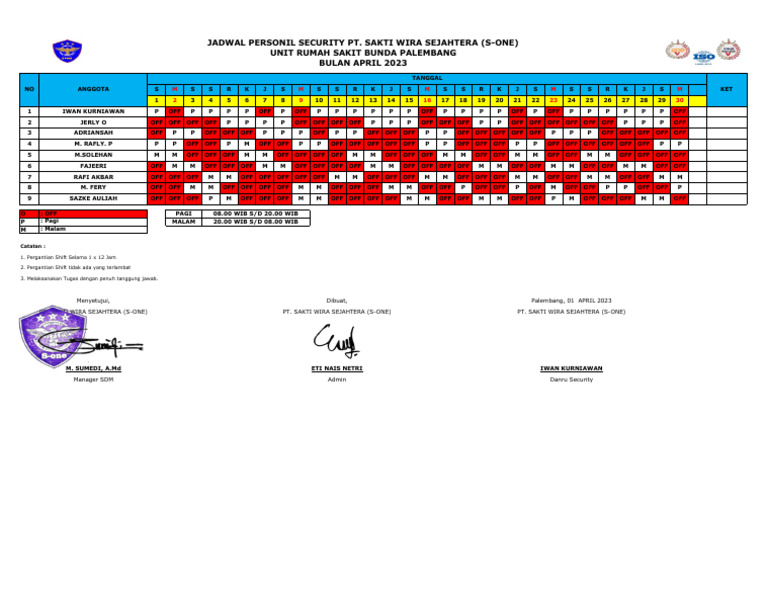Jadwal Piket Security Bulan April 2023, Rs. Bunda DMG | PDF