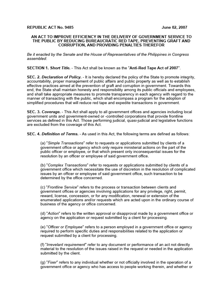 RA No. 9485 (Anti-Red Tape Act) | PDF | U.S. Securities And Exchange ...