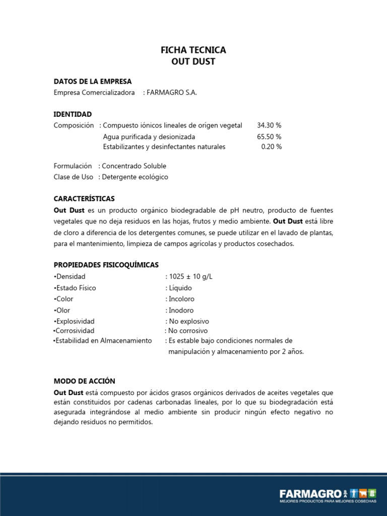 Ficha Tecnica - Out Dust | Descargar gratis PDF | Agua | Detergente