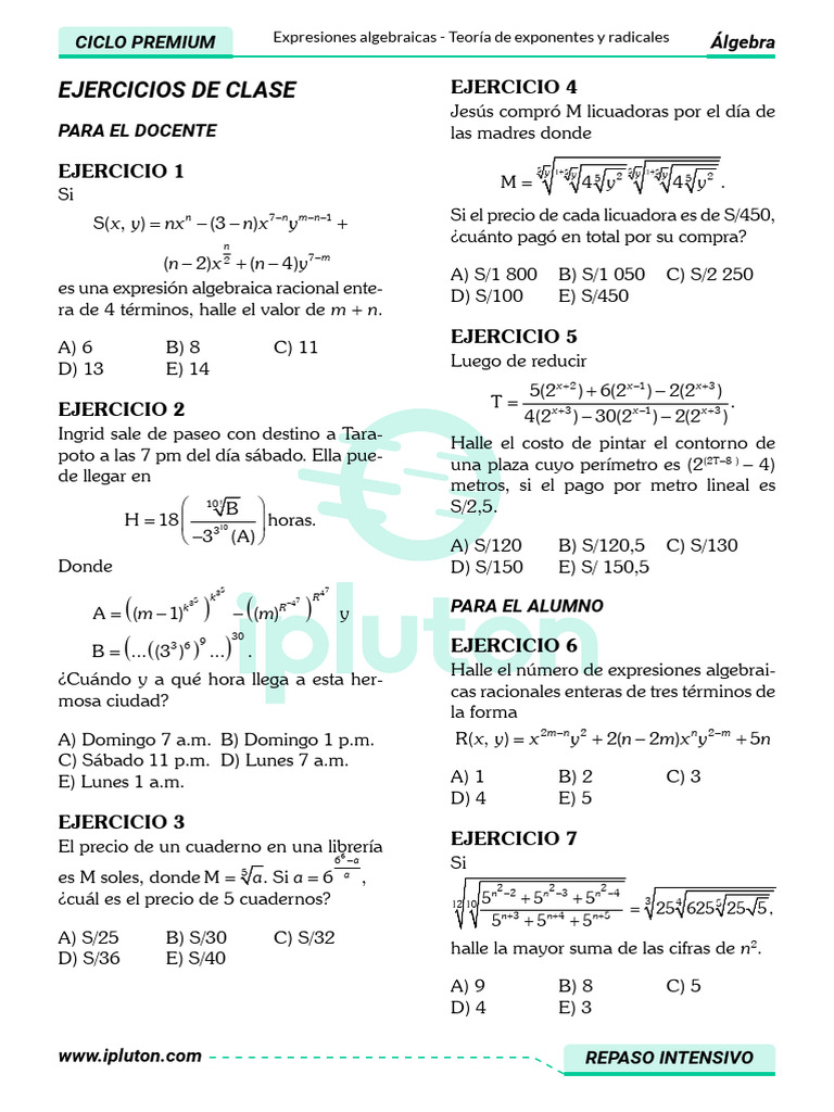 SM Repaso Intensivo Álgebra Semana 1 | PDF