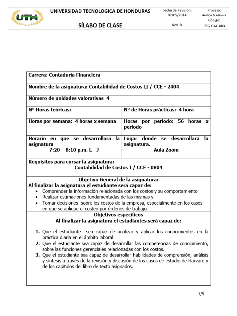 Silabo Contabilidad Costos 2 IIIC 2023 | PDF