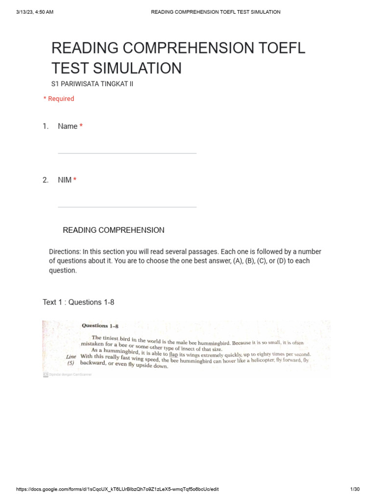 Uts Bahasa Inggris Pariwisata III - Reading Comprehension TOEFL Test ...