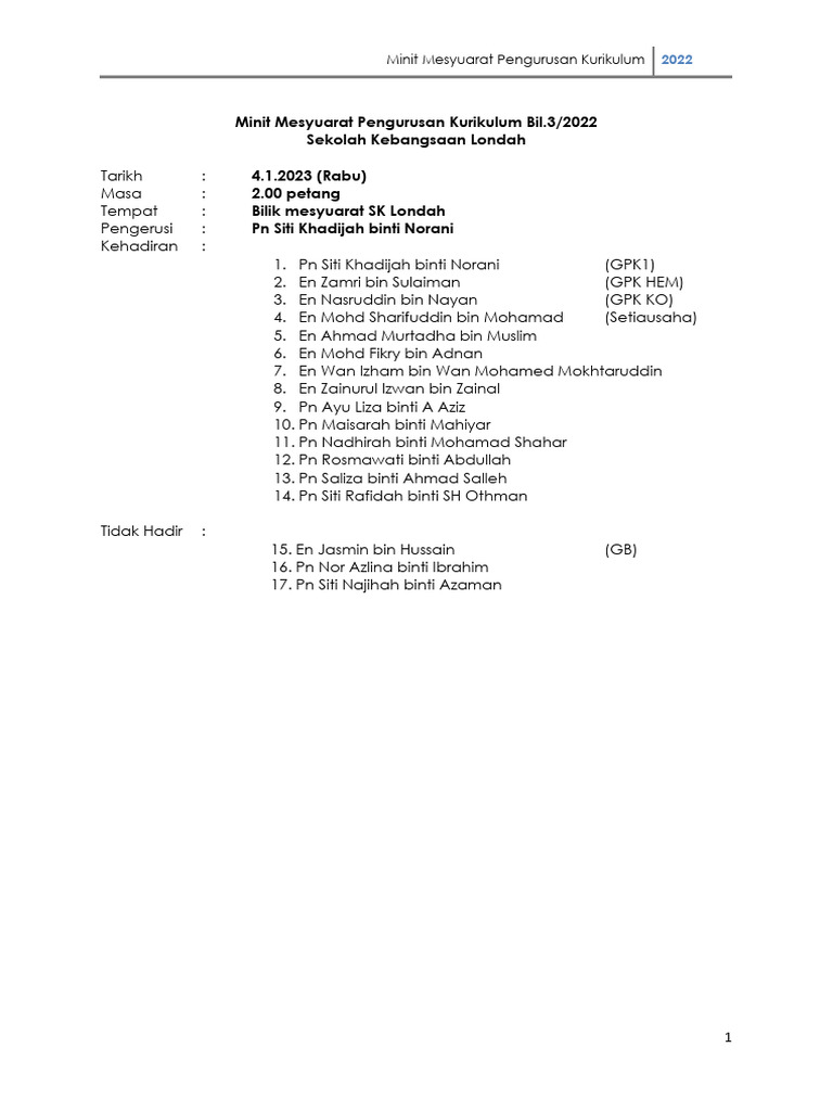 Minit Mesyuarat Kurikulum Bil 3 2022 040123 | PDF