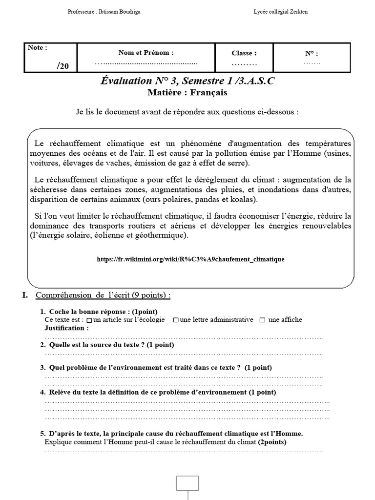 3ASC - Sem 1 Exam 3 Version 1 | PDF | Changement climatique ...