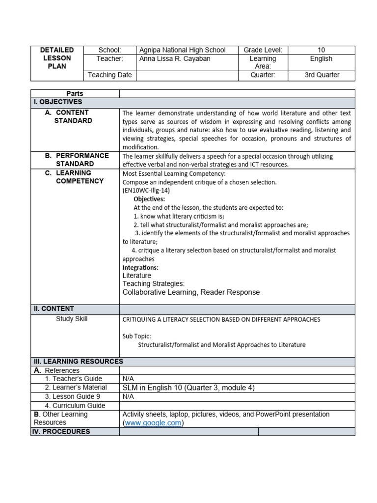 2nd Detailed Lesson Plan 10 | Download Free PDF | Narration | Literary ...