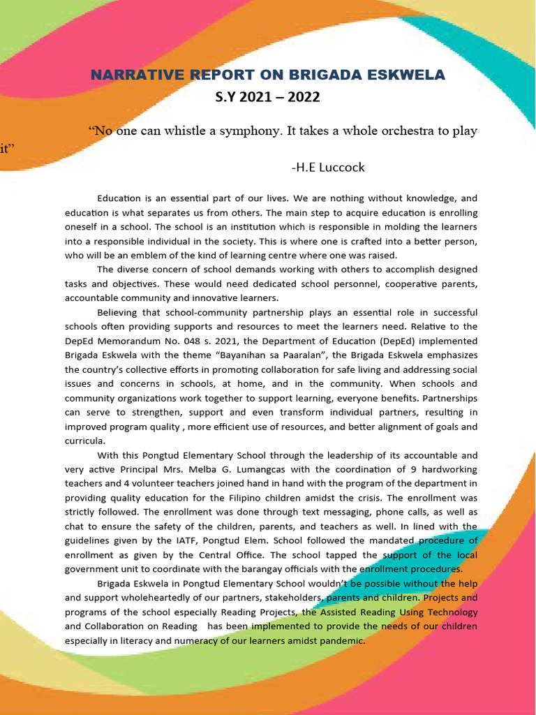 Narrative Report On Brigada Eskwela | PDF