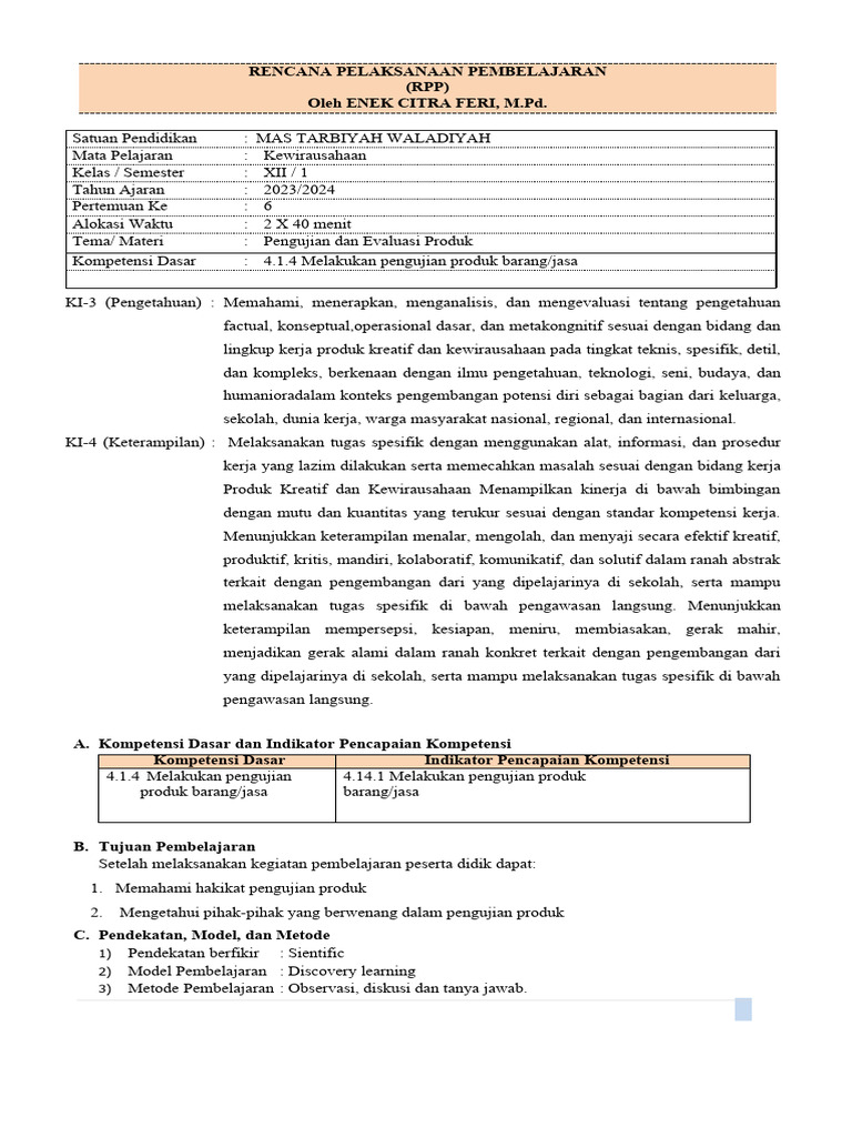 RPP Pertemuan 6 | PDF | Karier & Perkembangan | Seni