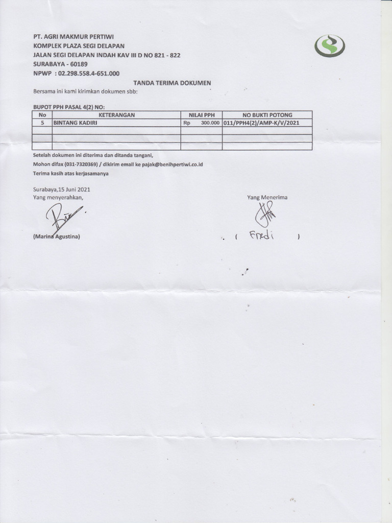 Tanda Terima Bukpot PPH Agri | PDF