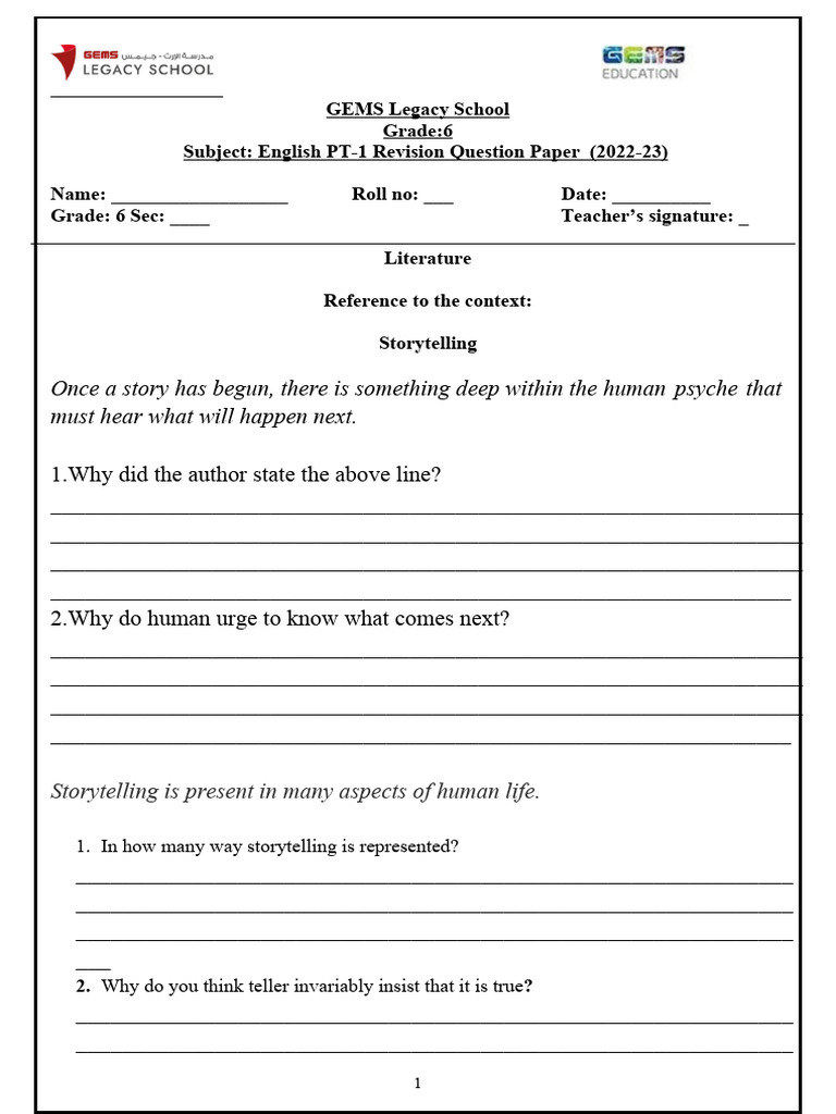Literature - PT1 Revision Worksheet | PDF | Storytelling