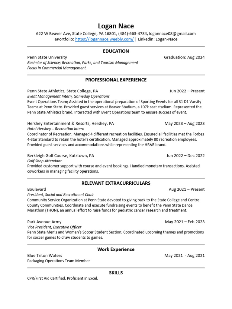 Resume - Logan Nace | PDF | Pennsylvania State University