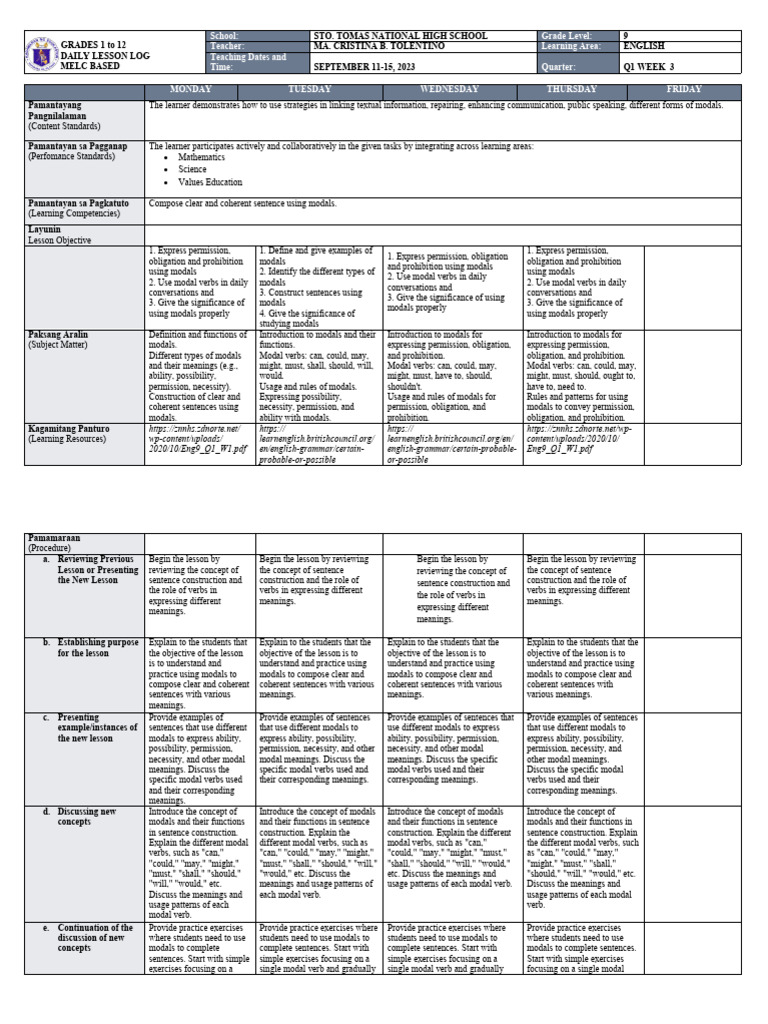 Melc DLL Eng 9 Week 3 Q1 Done | PDF | Cognitive Science | Learning