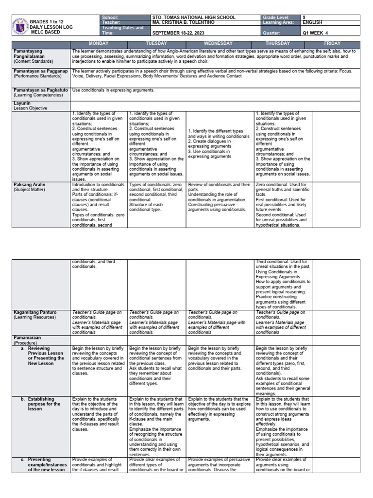 Melc DLL Eng 9 Week 4 Q1 Done | PDF | Argument | Sentence (Linguistics)