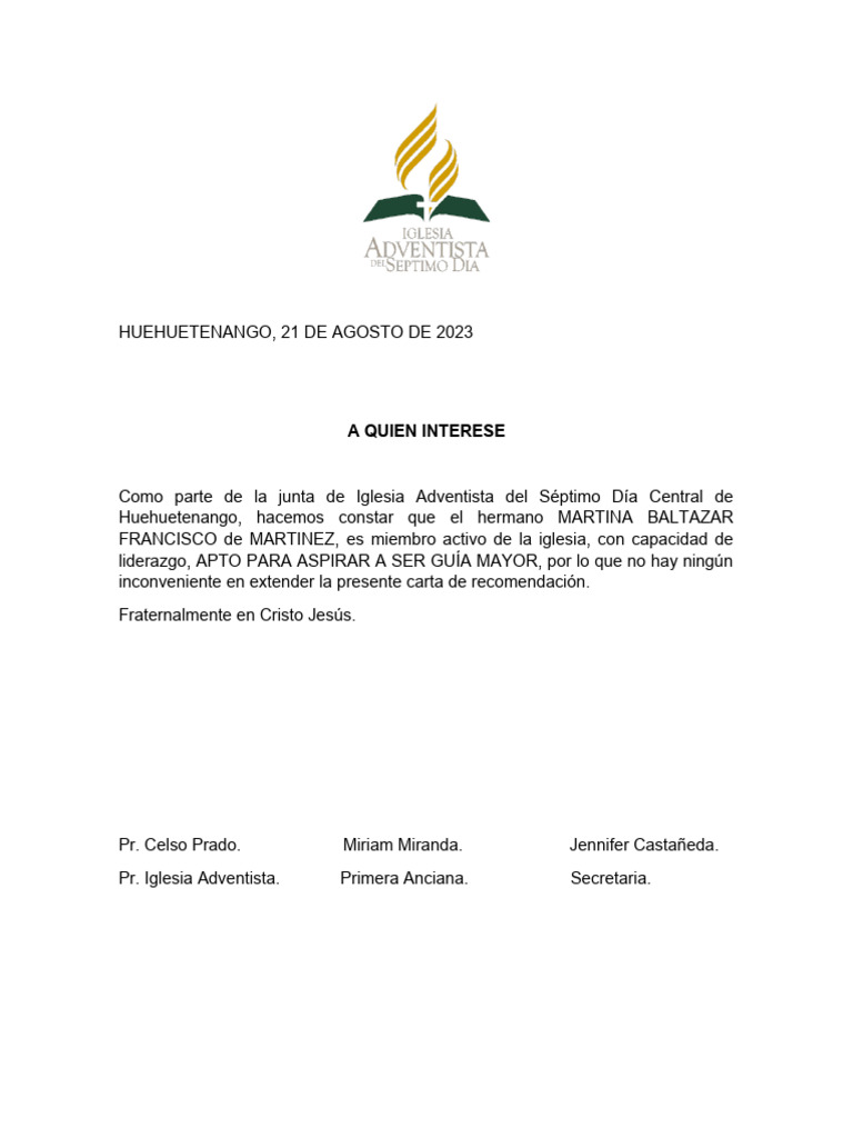 Carta de recomendación guía mayor | PDF