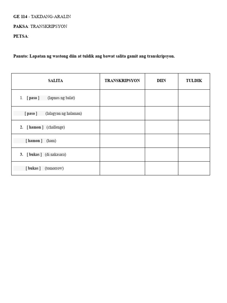 Transkripsyon NG Wikang Filipino - Pagsususlit Na Gawain | PDF