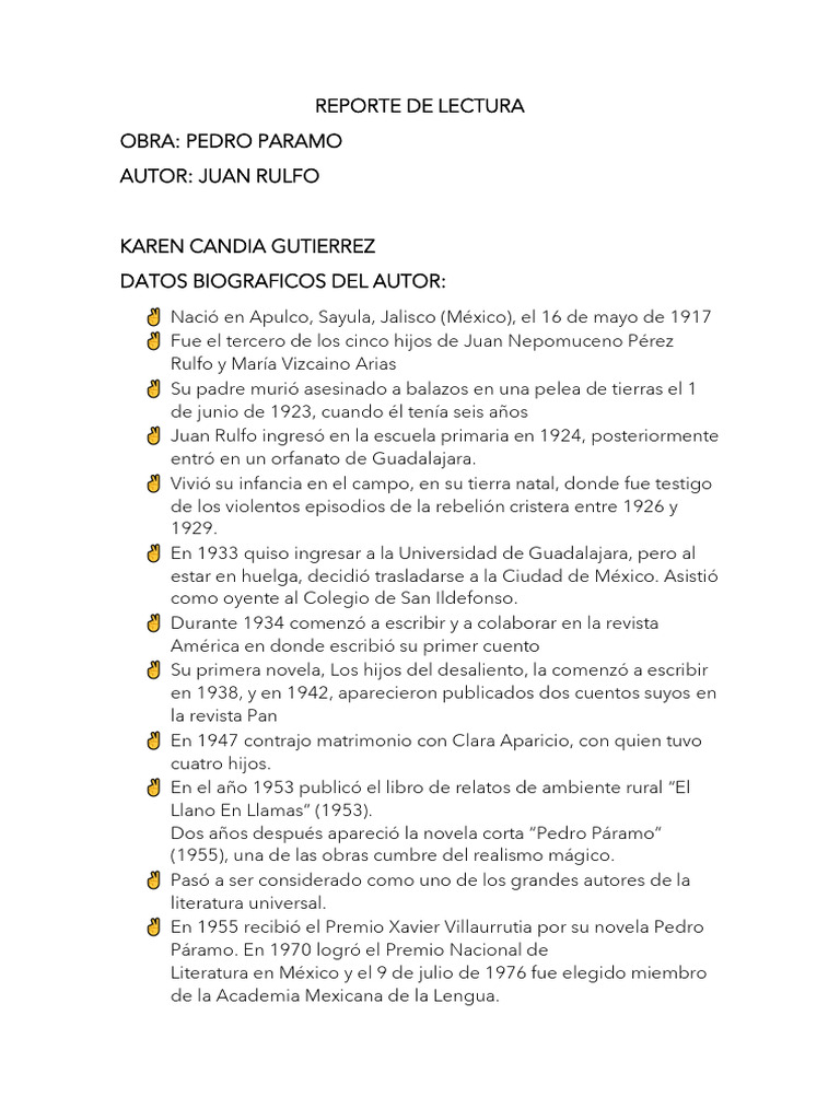 Reporte de Lectura Pedro Paramo | PDF