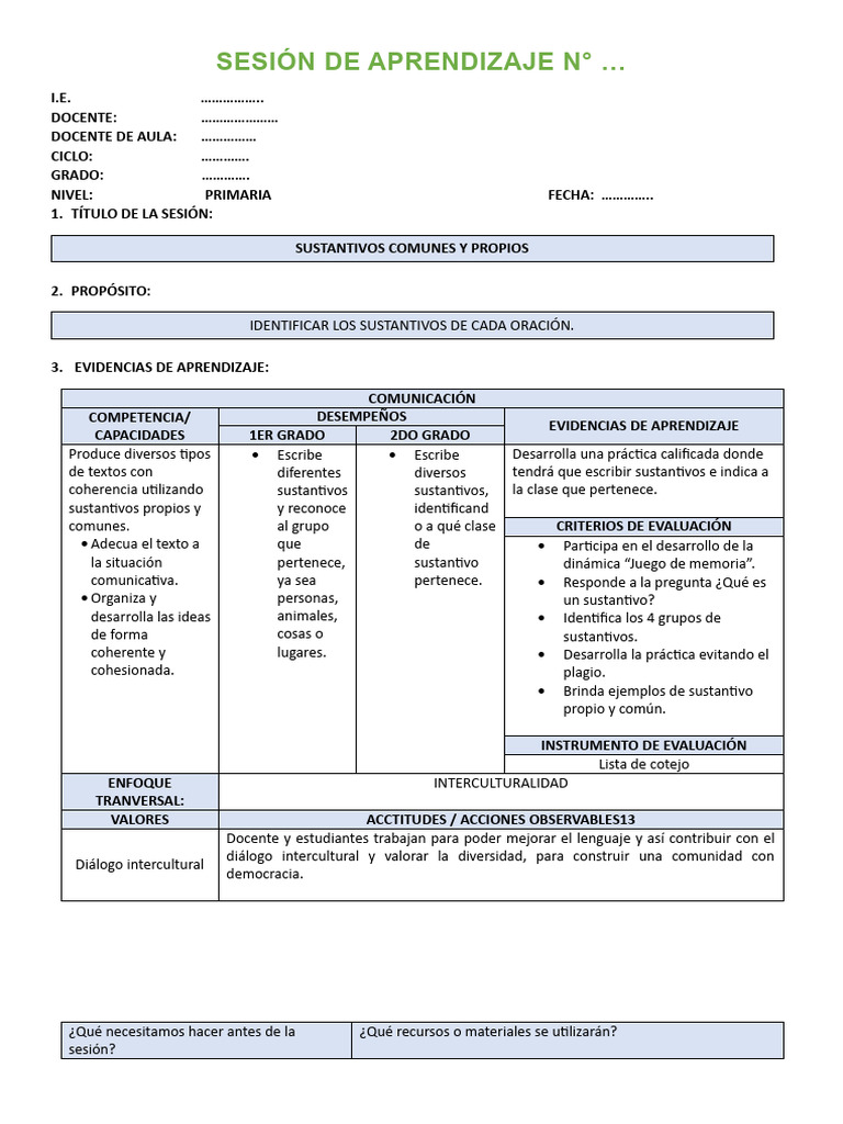 SESIÓN DE APRENDIZAJE N 2_sustantivo | PDF | Evaluación | Sustantivo