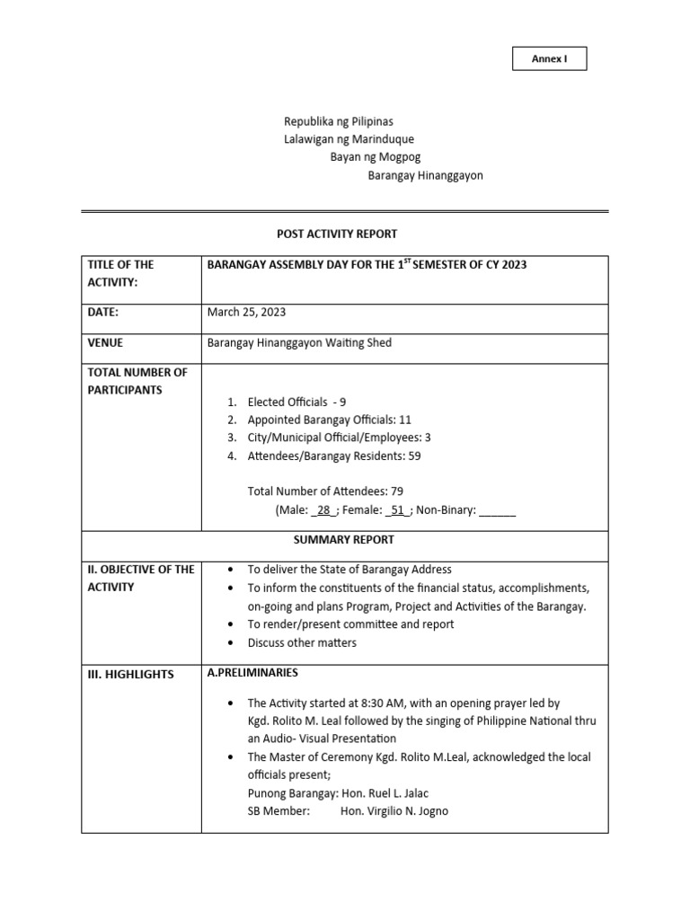 Assembly Report Barangay | PDF
