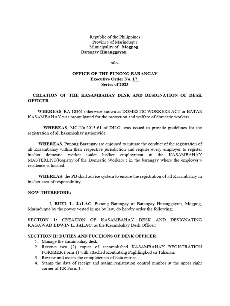 Brgy. Hinanggayon. eo-designating-KASAMBAHAY DESK OFFICER | PDF ...