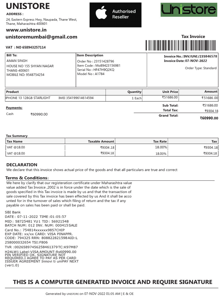Unistore Invoice | PDF