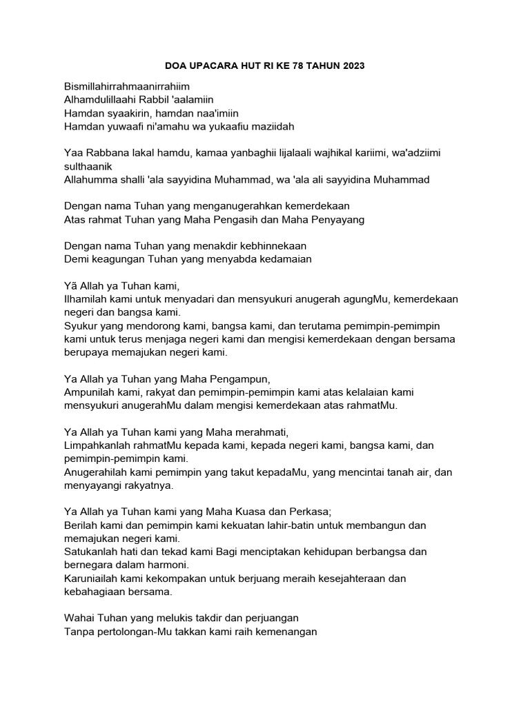 Doa Upacara Hut Ri Ke 78 Tahun 2023 | PDF