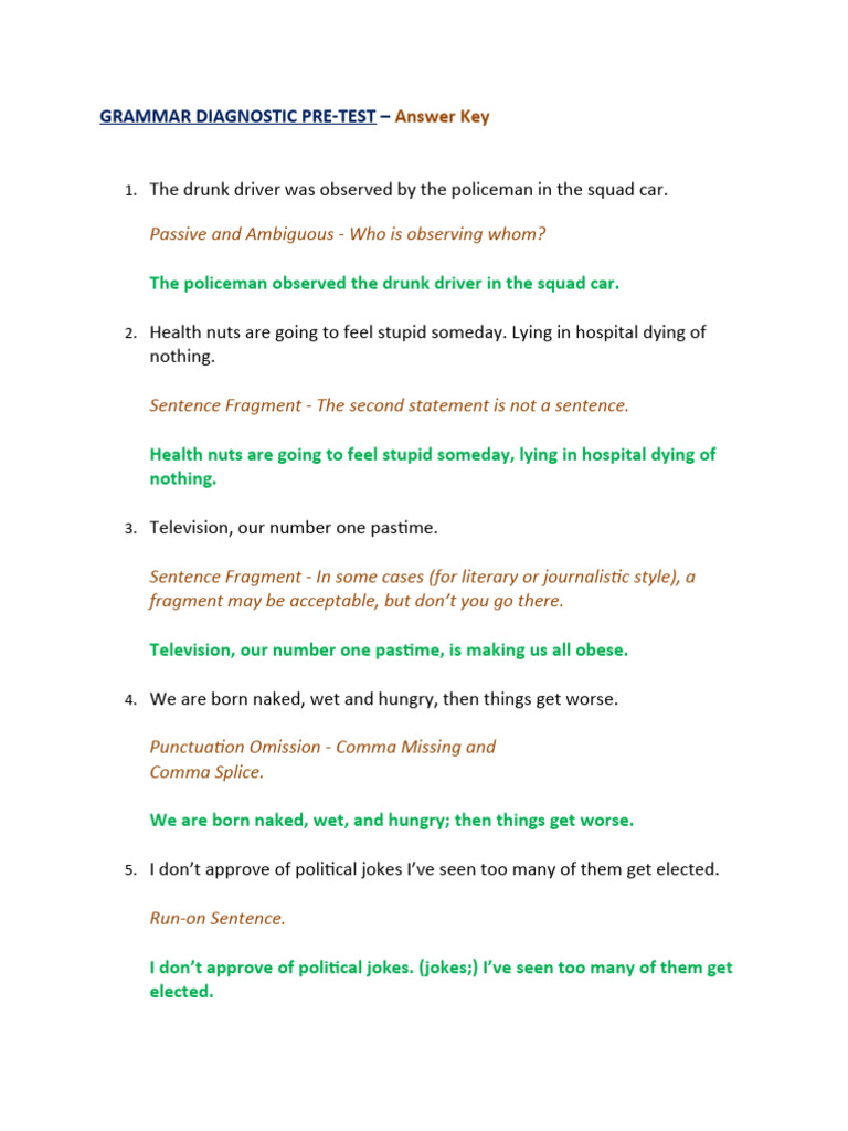 Grammar Diagnostic Key | PDF